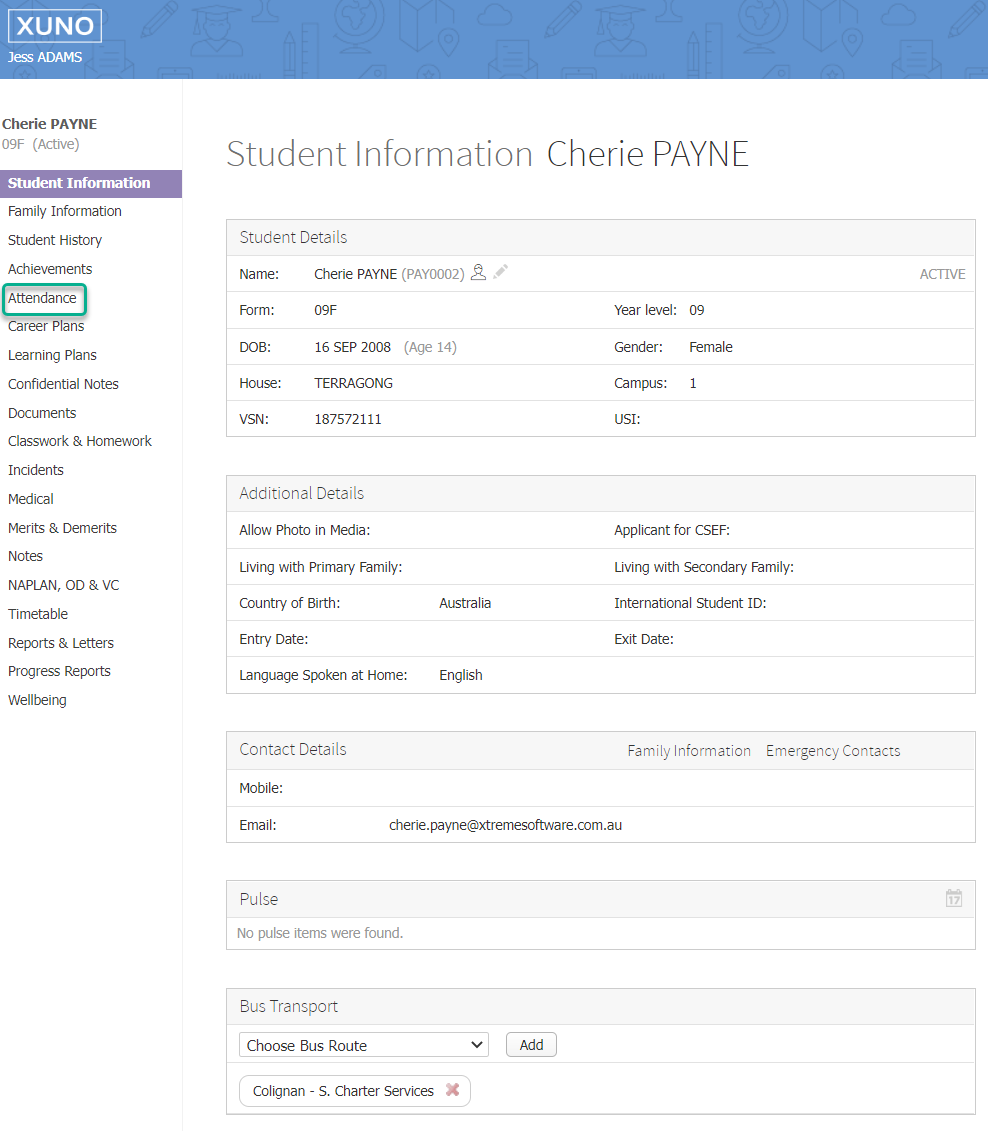 Viewing a student’s attendance in XUNO